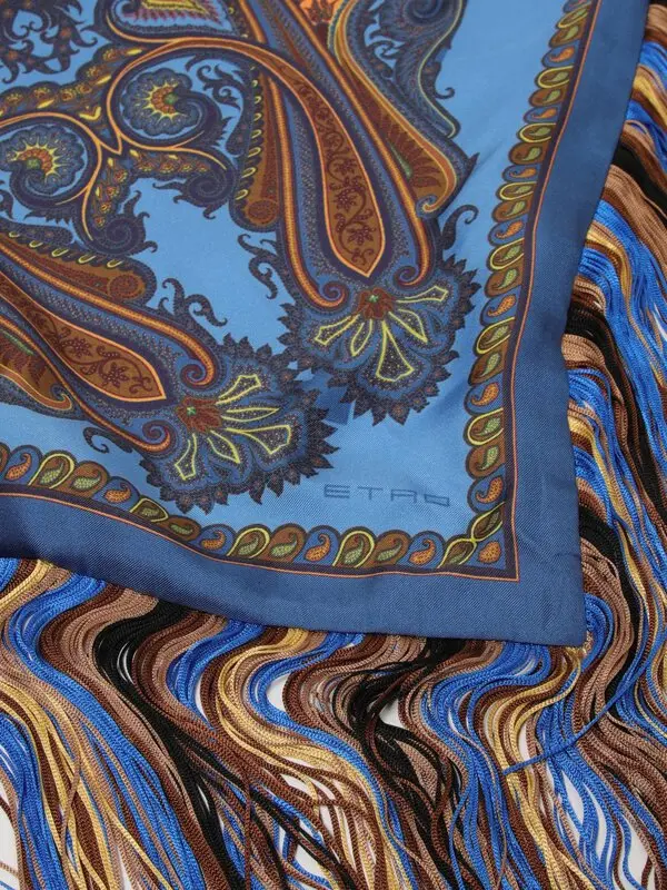 Etro Ethnic Print Silk Twill Triangular Scarf With Fringes
