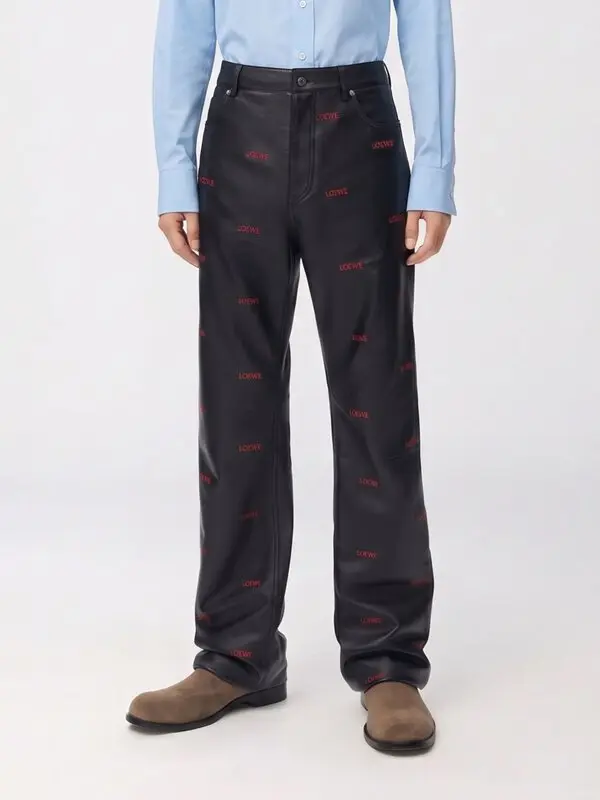 Loewe High-waisted Straight Trousers In Nappa Lambskin With Embroidered Logo