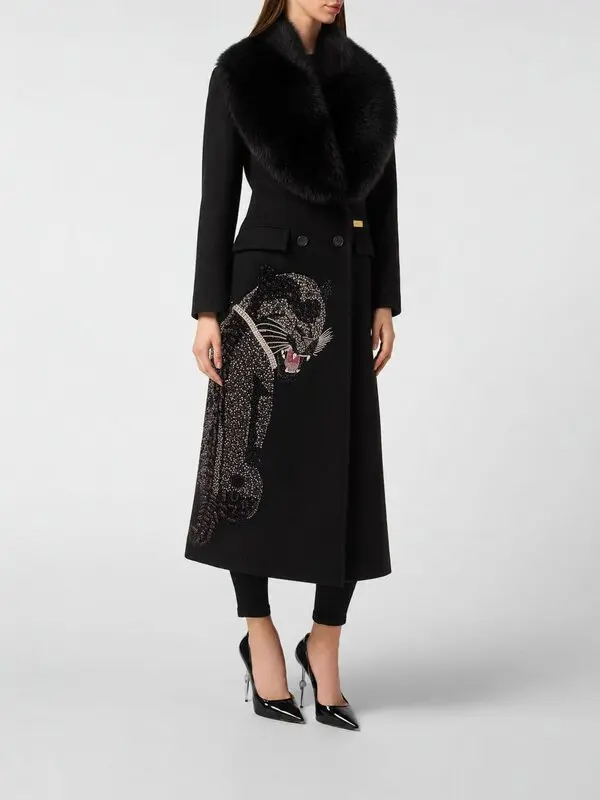 Philipp Plein Double-breasted Long Coat In Wool And Cashmere With Fur Collar