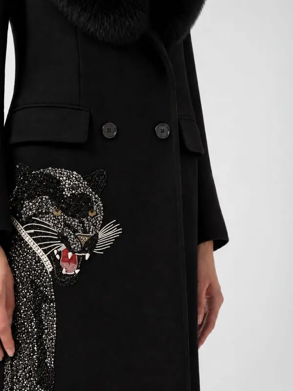 Philipp Plein Double-breasted Long Coat In Wool And Cashmere With Fur Collar