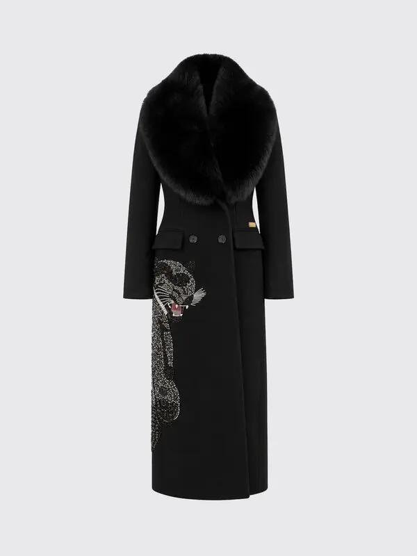 Philipp Plein Double-breasted Long Coat In Wool And Cashmere With Fur Collar