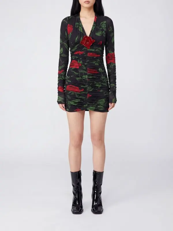 Blumarine Draped Sheath Mini Dress With Floral Pattern And V-neck