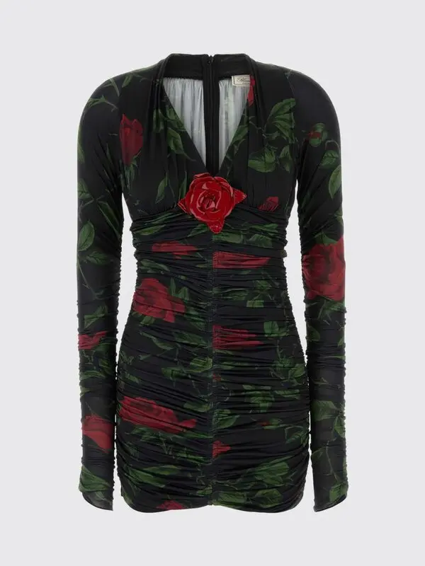 Blumarine Draped Sheath Mini Dress With Floral Pattern And V-neck