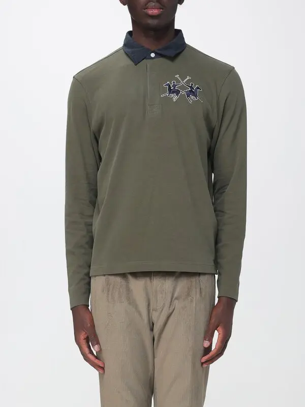 LA MARTINA Contrasting Logo Long-sleeved Cotton Polo Shirt - Green