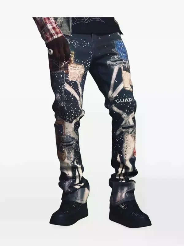 GUAPI Vintage Chronicle Graphic-print Splatter-effect Slim-fit Jeans