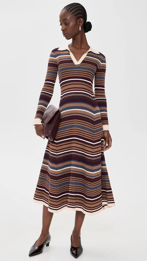 Moon River Stripe Collared Long Sleeve Dress