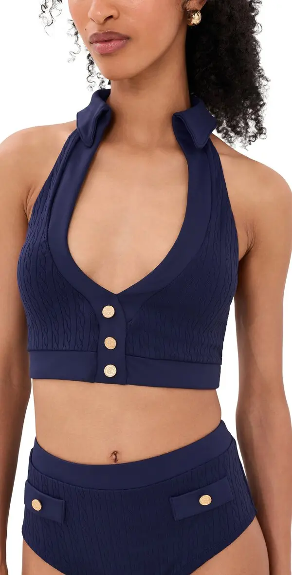 L'AGENCE Halter Swim Top With Gold Branded Buttons - Midnight