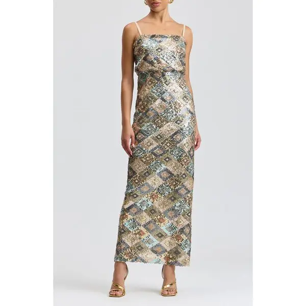 Avec Les Filles Sequin Tie Waist Column Maxi Dress