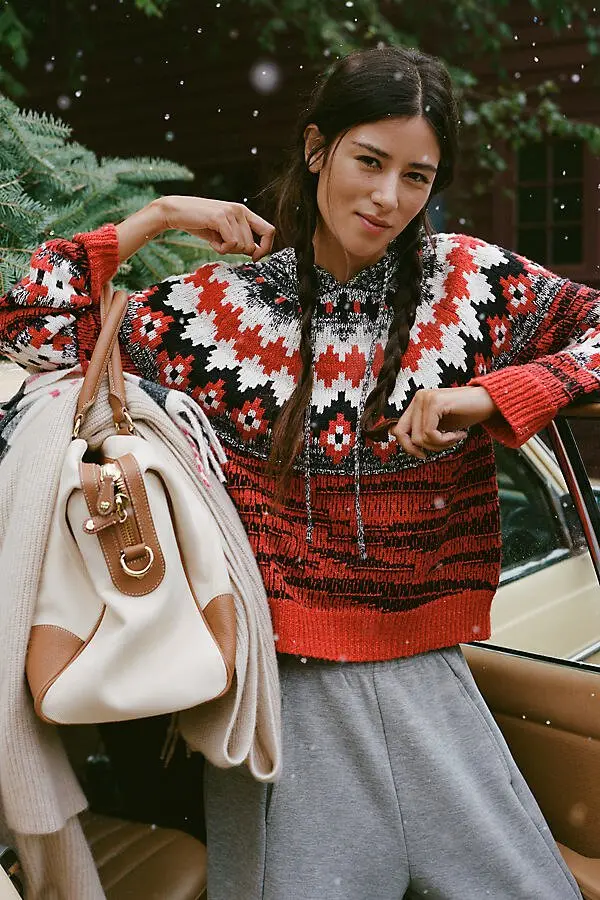 PILCRO Cotton Wool Blend Fair Isle Hooded Sweater - Red Pattern