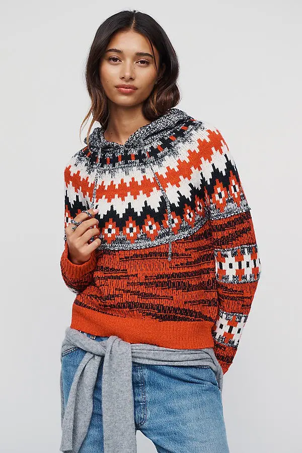 PILCRO Fair Cotton Wool Blend Fair Isle Hooded Sweater