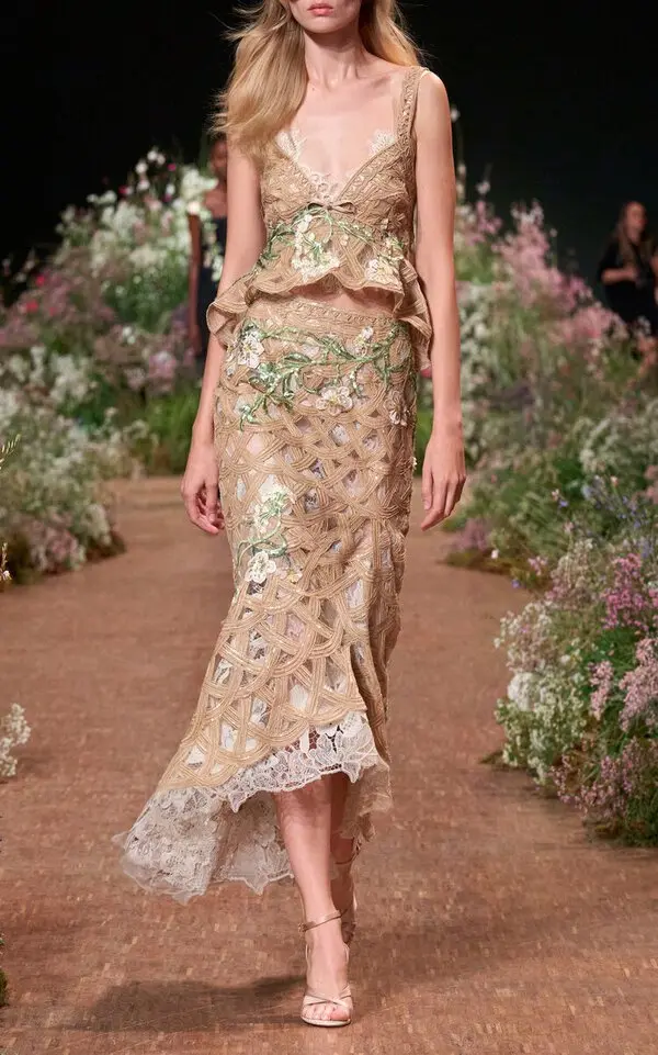 Elie Saab Embroidered Raffia Midi Skirt