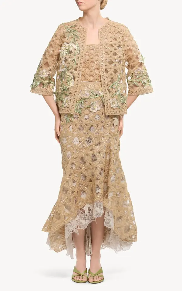 Elie Saab Embroidered Raffia Midi Skirt