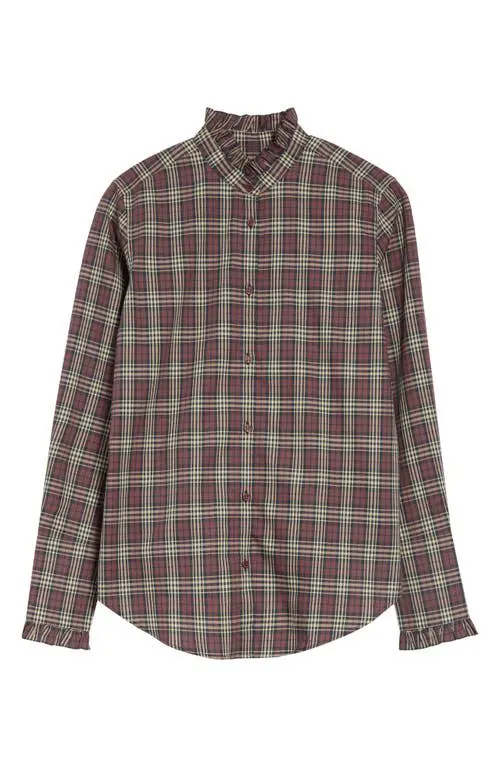NILI LOTAN Elio Plaid Ruffle Band Collar Button-up Shirt - Rustic Check