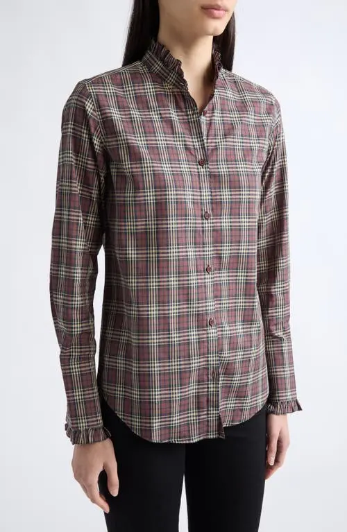 NILI LOTAN Elio Plaid Ruffle Band Collar Button-up Shirt - Rustic Check