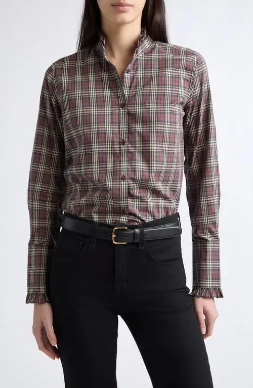 NILI LOTAN Elio Plaid Ruffle Band Collar Button-up Shirt - Rustic Check