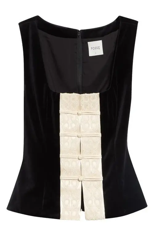 Posse Florian Velvet Embroidered Trim Top