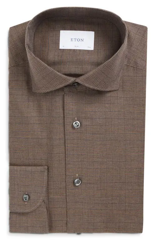 Eton Slim Fit Check Cotton Flannel Shirt - Medium Brown