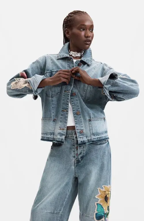 Desigual Floral Appliqué Denim Trucker Jacket
