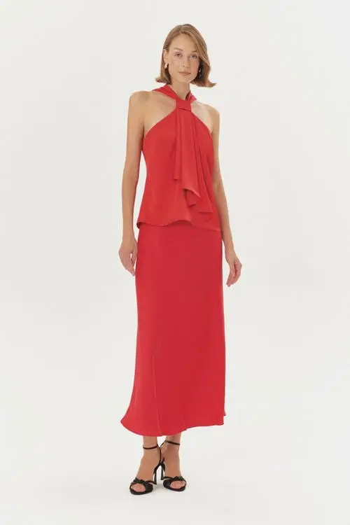 EXQUISE Brandon Knot Detail Satin Halter Blouse