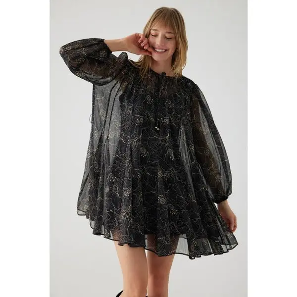 EXQUISE Abina Long Sleeve Chiffon Mini Dress - Black