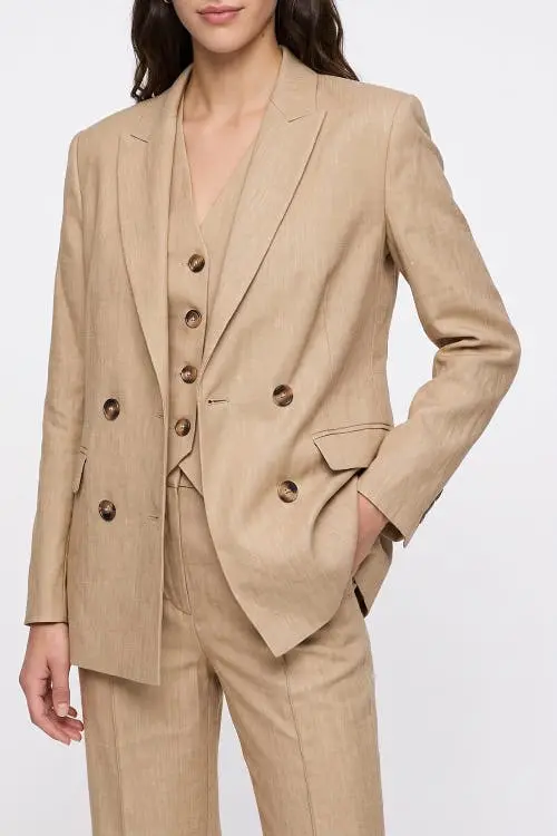 EXQUISE Double Breasted Linen Blend Jacket With Padded Shoulders