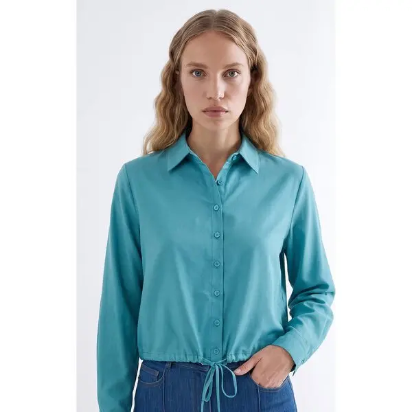EXQUISE Long Sleeve Button Up Shirt With Elastic Waist - Blue
