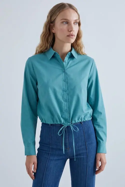 EXQUISE Long Sleeve Button Up Shirt With Elastic Waist - Blue