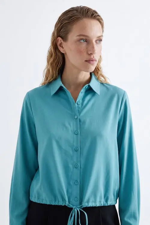 EXQUISE Long Sleeve Button Up Shirt With Elastic Waist - Blue
