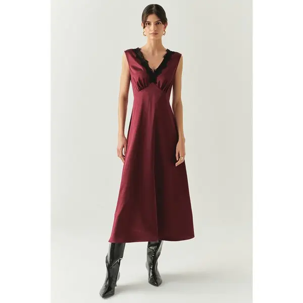 EXQUISE Chana Lace Trim Satin Dress