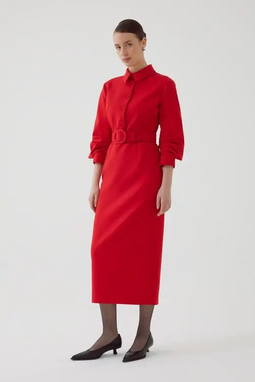 EXQUISE Adler Lantern Sleeve Midi Shirt Dress