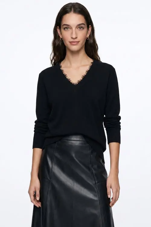 EXQUISE Long Sleeve V Neck Knit Blouse With Lace Trim - Black