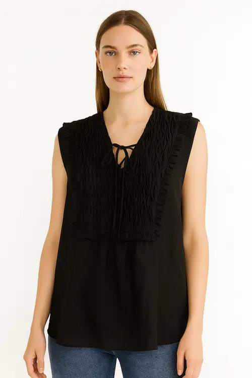 EXQUISE Chanler Sleeveless Tie Front Linen Blouse - Black