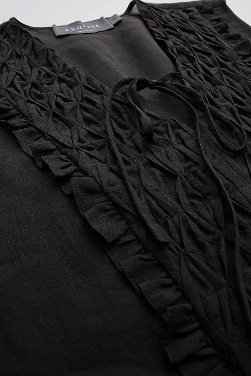 EXQUISE Chanler Sleeveless Tie Front Linen Blouse - Black