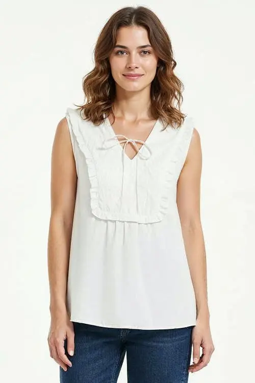 EXQUISE Chanler Sleeveless Tie Front Linen Blouse - Ecru