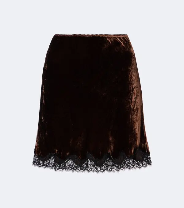 Rixo Kornelia Lace-trimmed Velvet Miniskirt - Brown