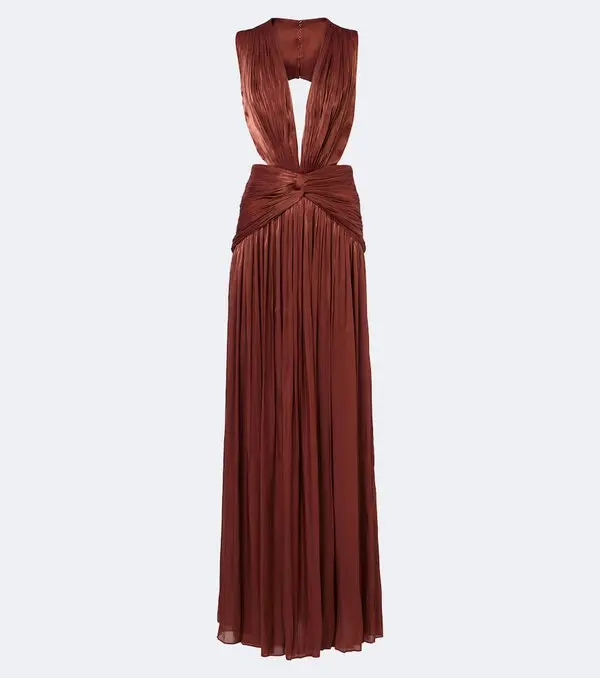 Costarellos Silla Cut-out Pleated Lurex® Georgette Gown - Brown