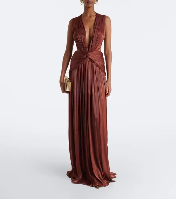 Costarellos Silla Cut-out Pleated Lurex® Georgette Gown - Brown