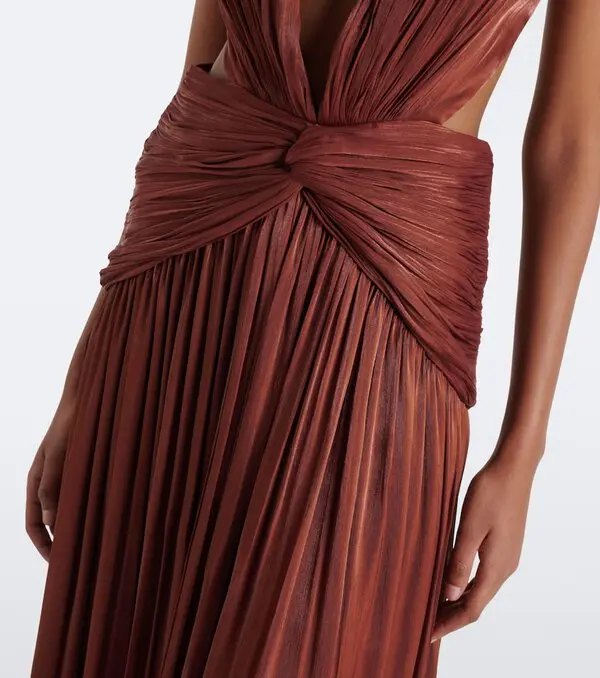 Costarellos Silla Cut-out Pleated Lurex® Georgette Gown - Brown