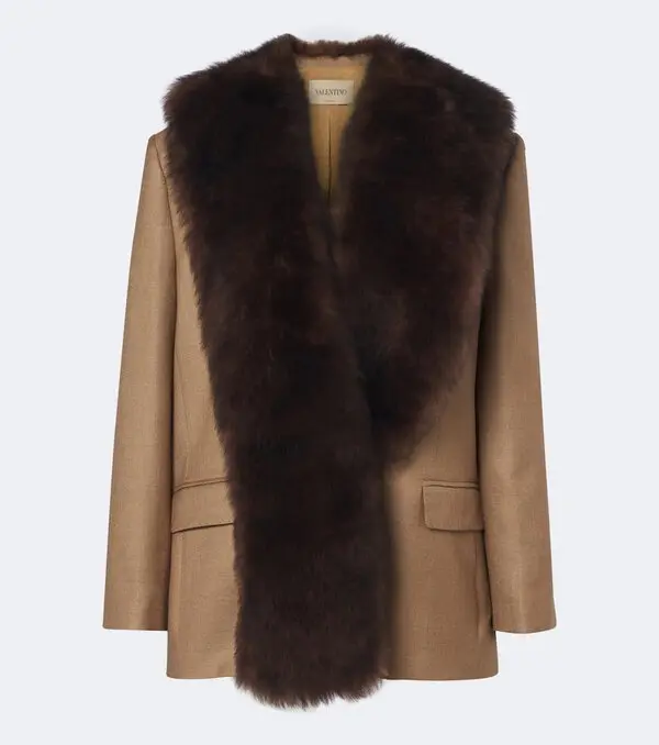 Valentino Garavani Shearling-trimmed Silk And Wool Jacket - Beige