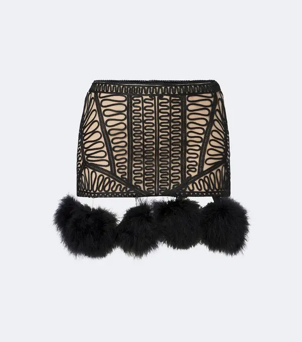 Attico Embroidered Feather-trimmed Mesh Miniskirt - Black