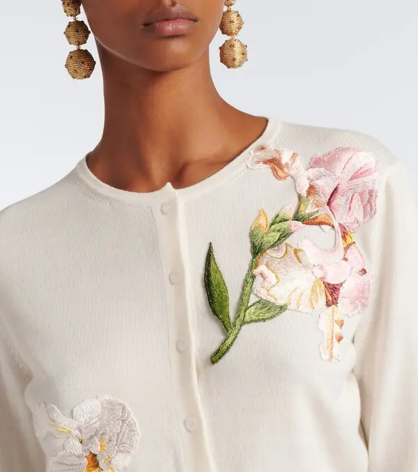 Oscar De La Renta Floral Embroidered Virgin Wool Cardigan