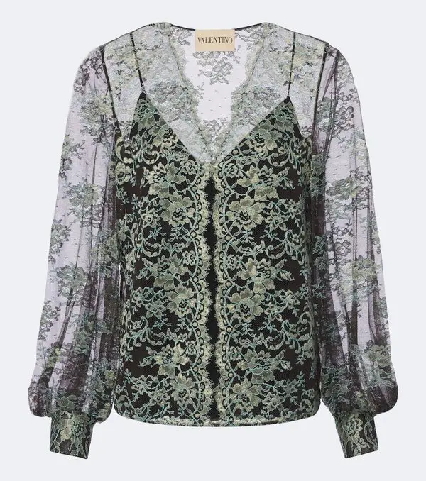 Valentino Garavani Layered Lace And Georgette Blouse - Green