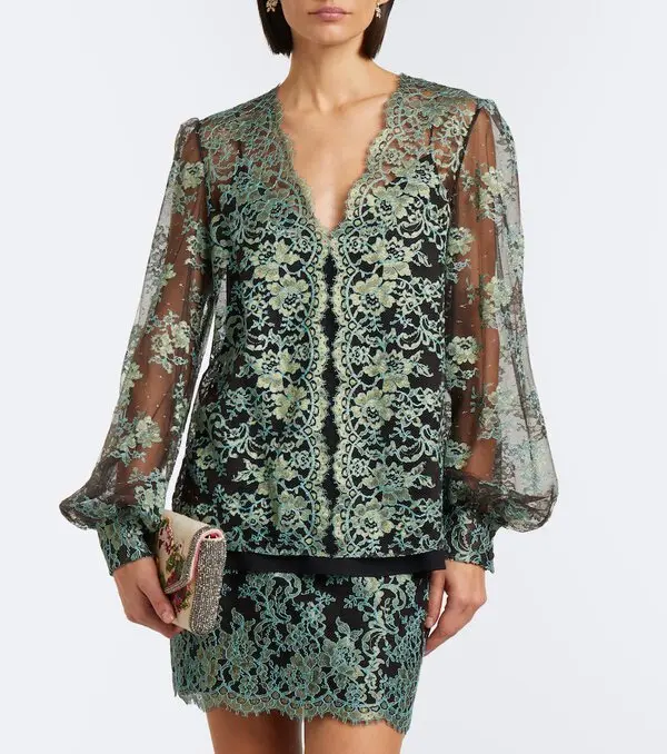 Valentino Garavani Layered Lace And Georgette Blouse - Green