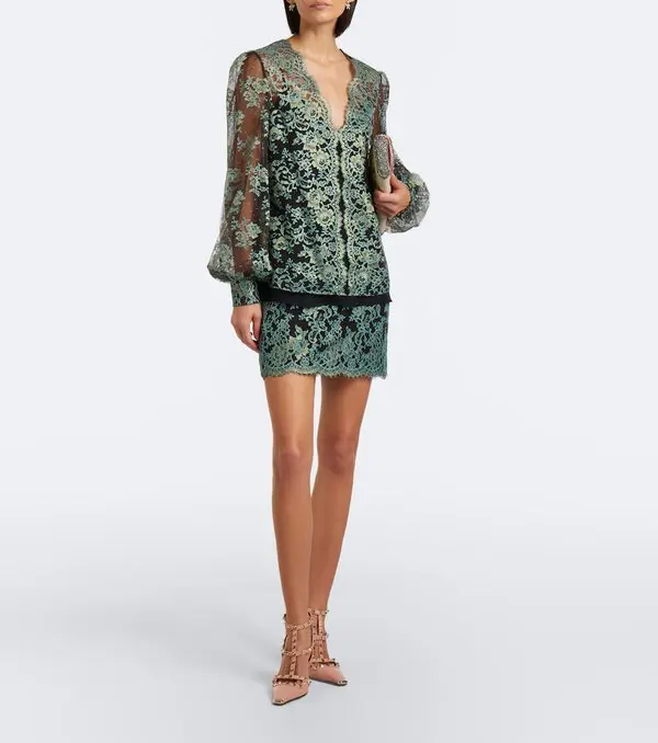 Valentino Garavani Layered Lace And Georgette Blouse - Green