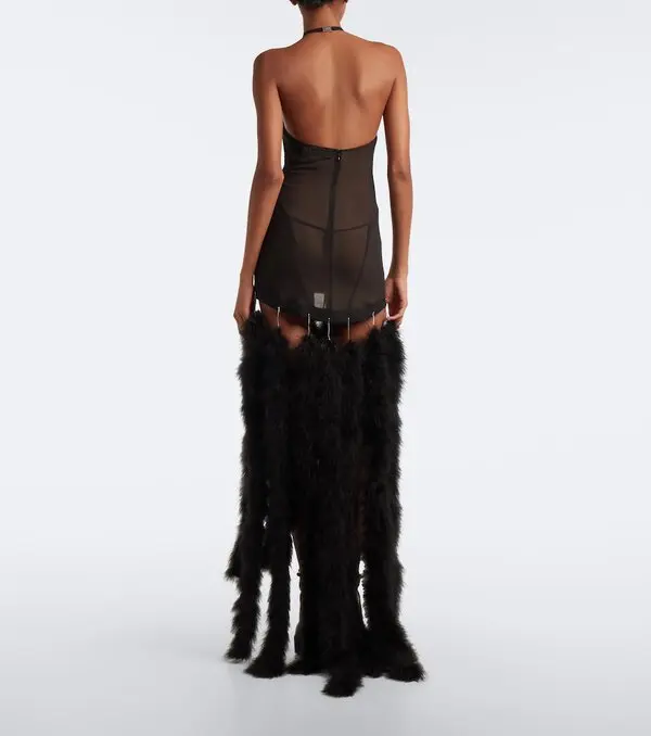 Attico Feather-trimmed Halterneck Maxi Dress