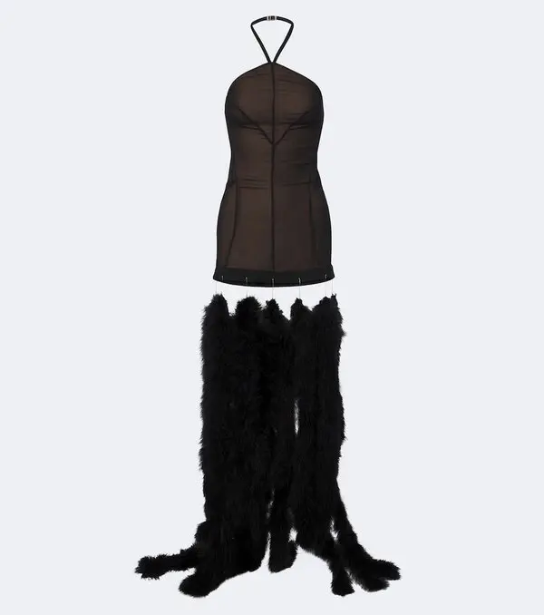 Attico Feather-trimmed Halterneck Maxi Dress - Black