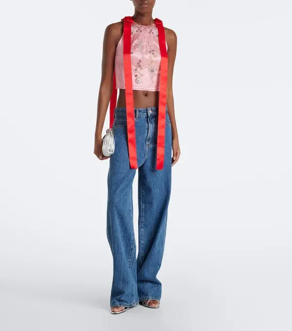 Erdem Bow-detail Embellished Satin Crop Top