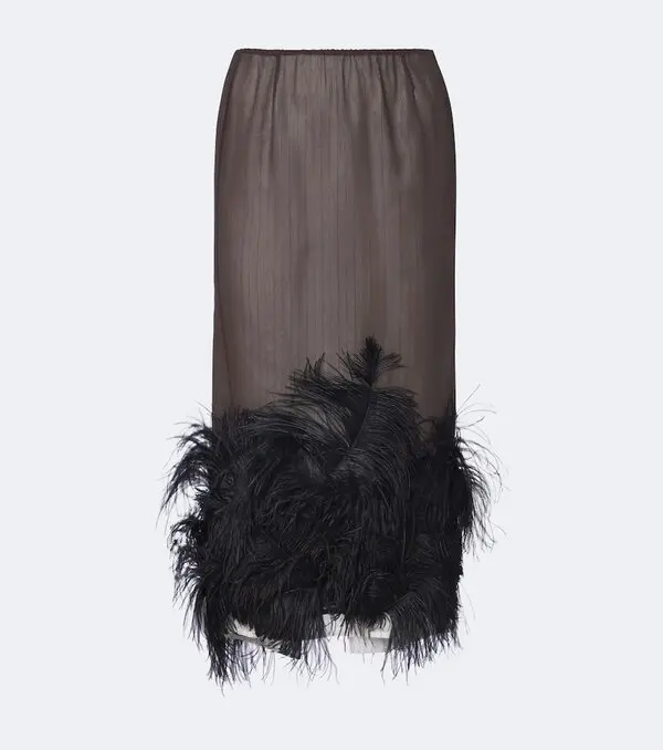 Attico Feather-trimmed Striped Midi Skirt