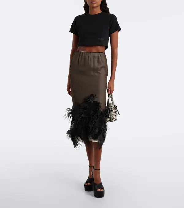 Attico Feather-trimmed Striped Midi Skirt