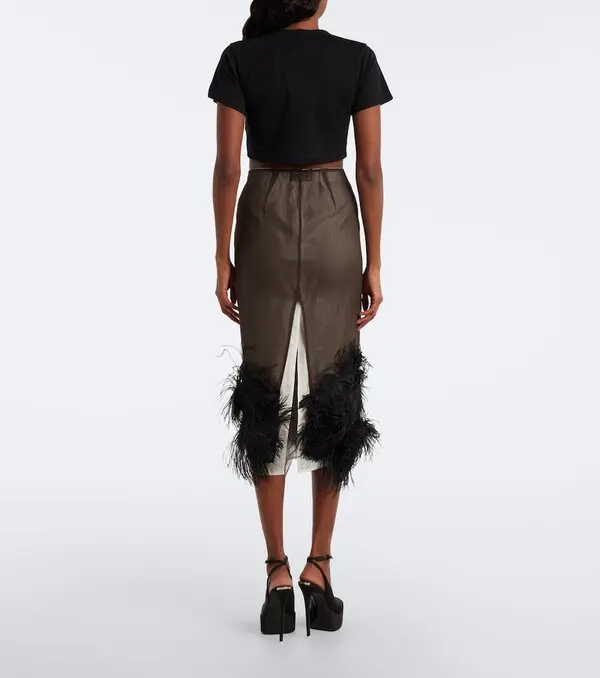 Attico Feather-trimmed Striped Midi Skirt